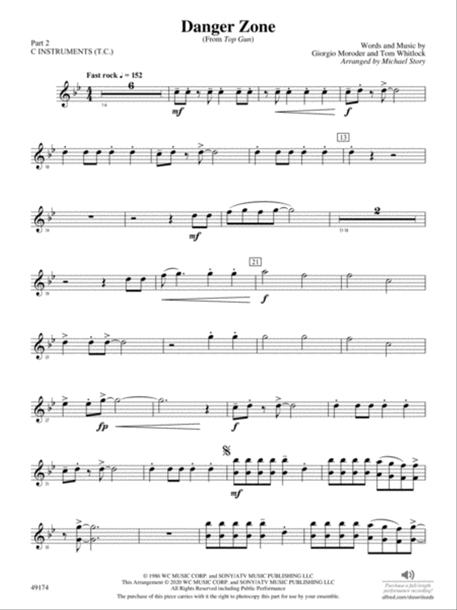 Danger Zone: Part 2 - C Instruments (T.C.)Concert Band- Digital Sheet Music